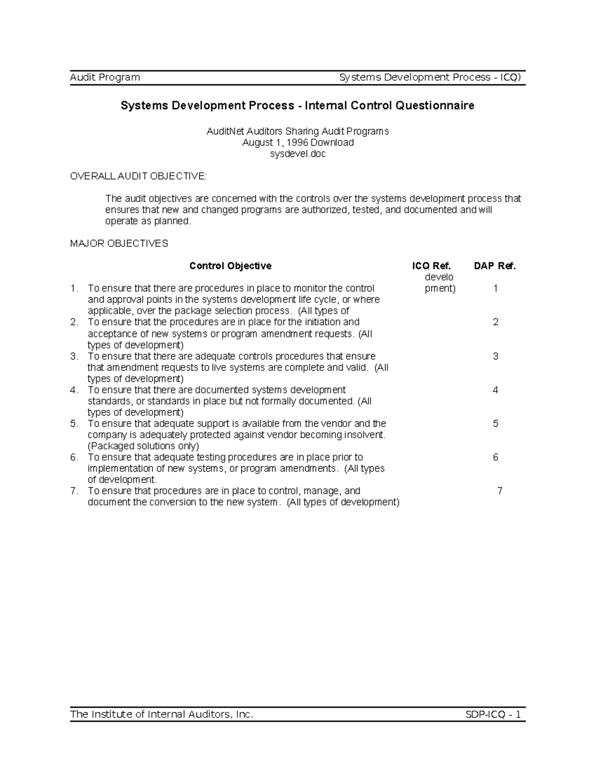 Audit Program for Systems Development Process ICQ - Internal Control ...