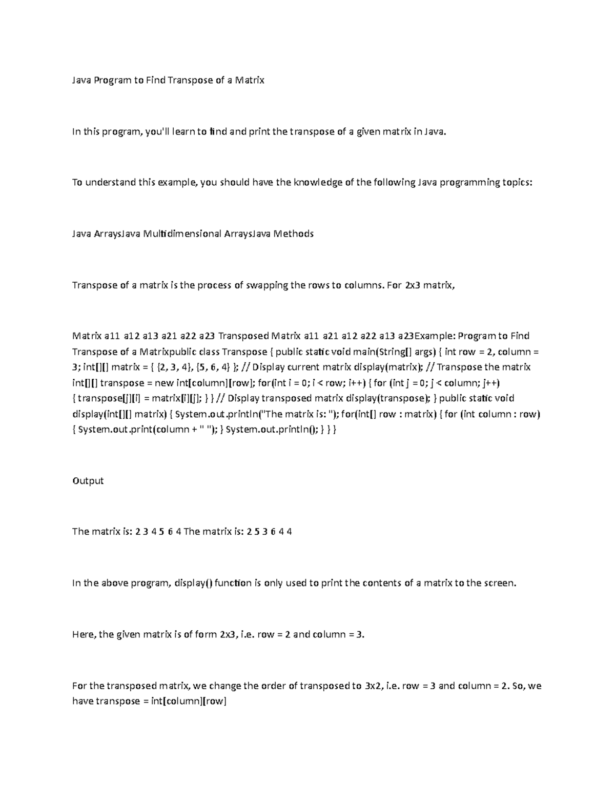 Java Program 48 - Finding Matrix Transpose in Java Assignment - Studocu