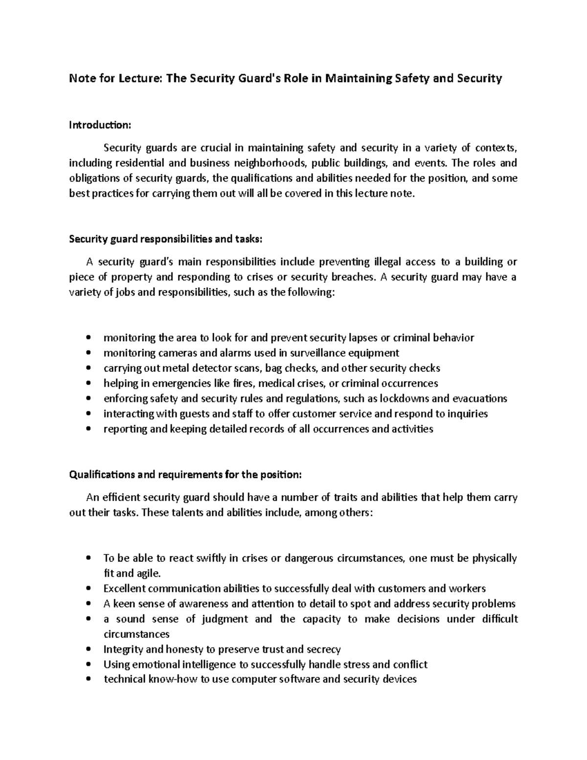 Lecture Notes - The Essential Role of Security Guards - Studocu