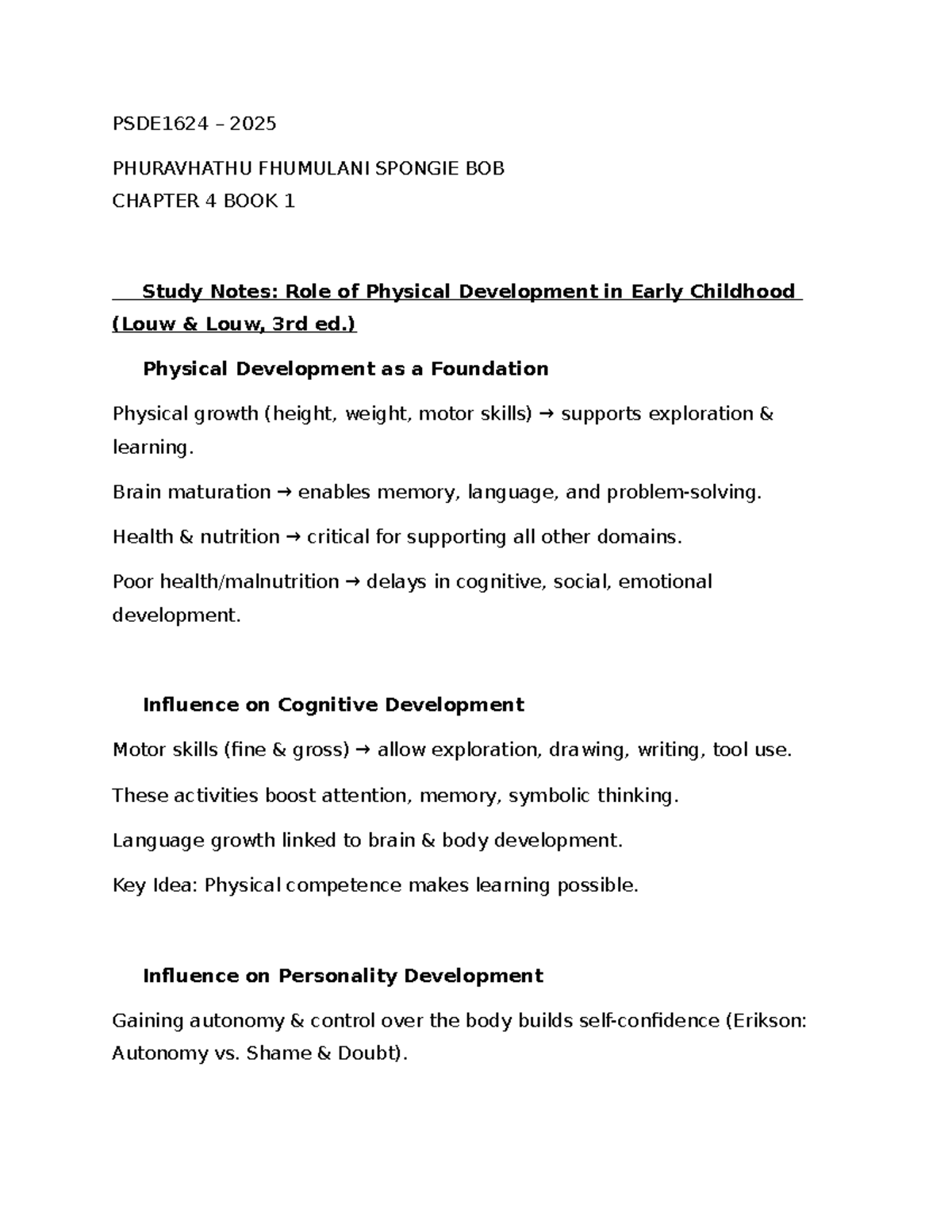 PSDE1624 Book 1 Chapter 4 Study Notes: Physical Development in Early ...