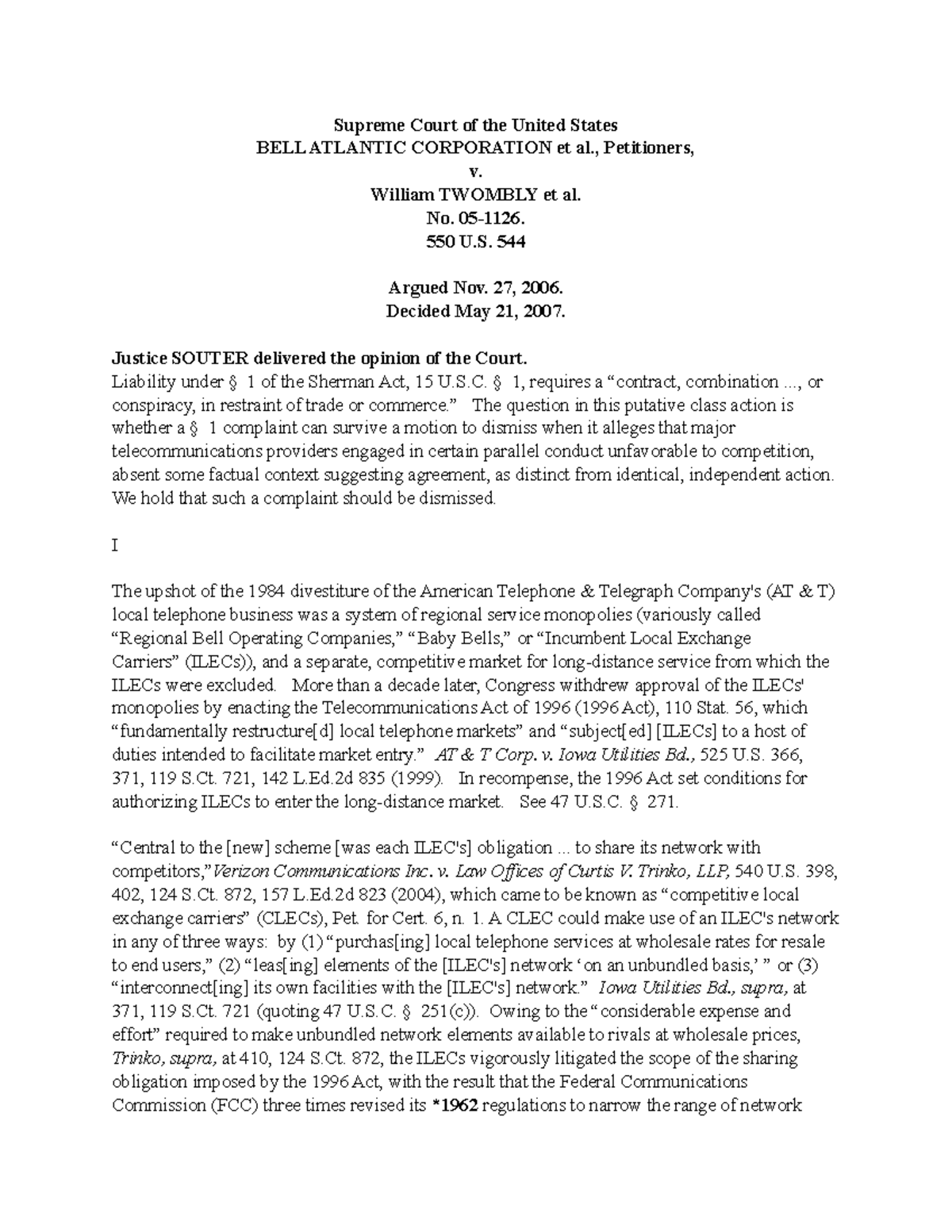 Bell Atlantic Corporation v. Twombly - Supreme Court of the United ...