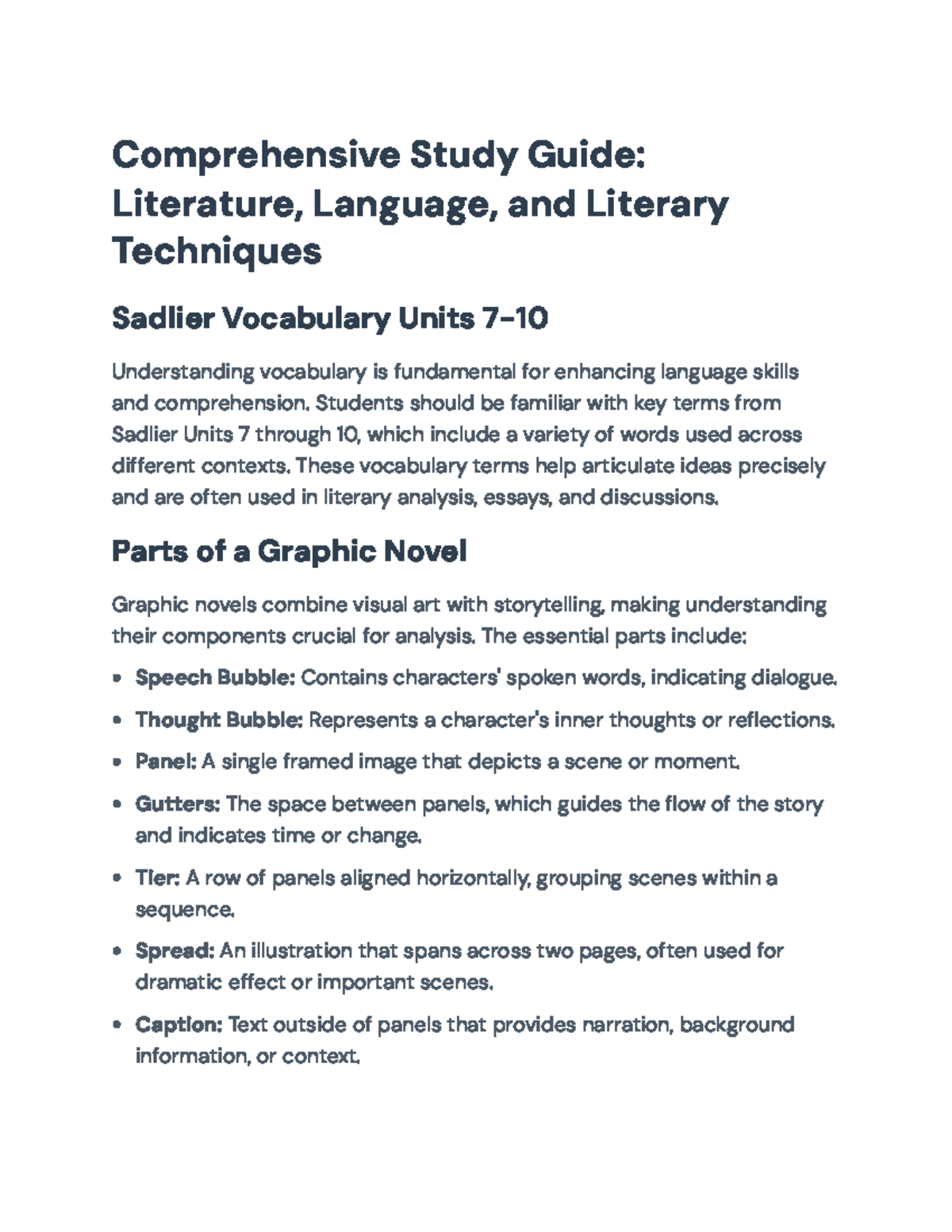 Comprehensive Study Guide: Literary Analysis & Vocabulary (Units 7-10 ...