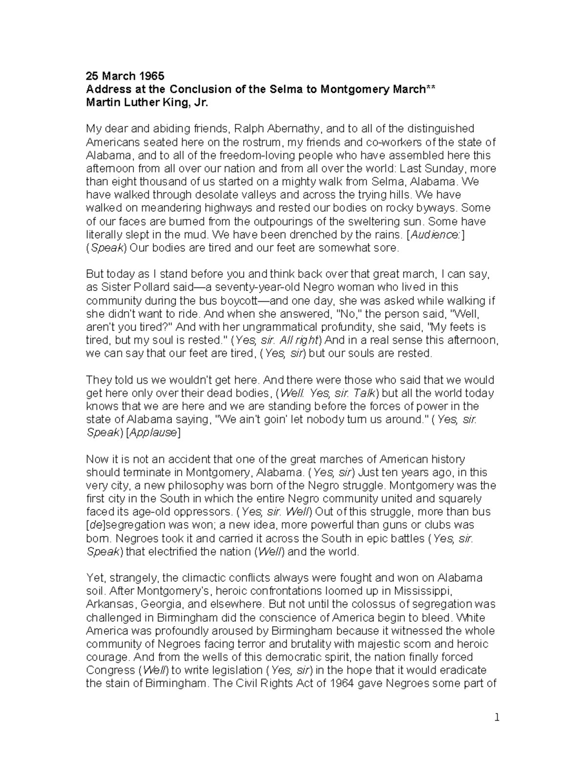 Conclusion of the Selma to Montgomery March - MLK Speech - Studocu