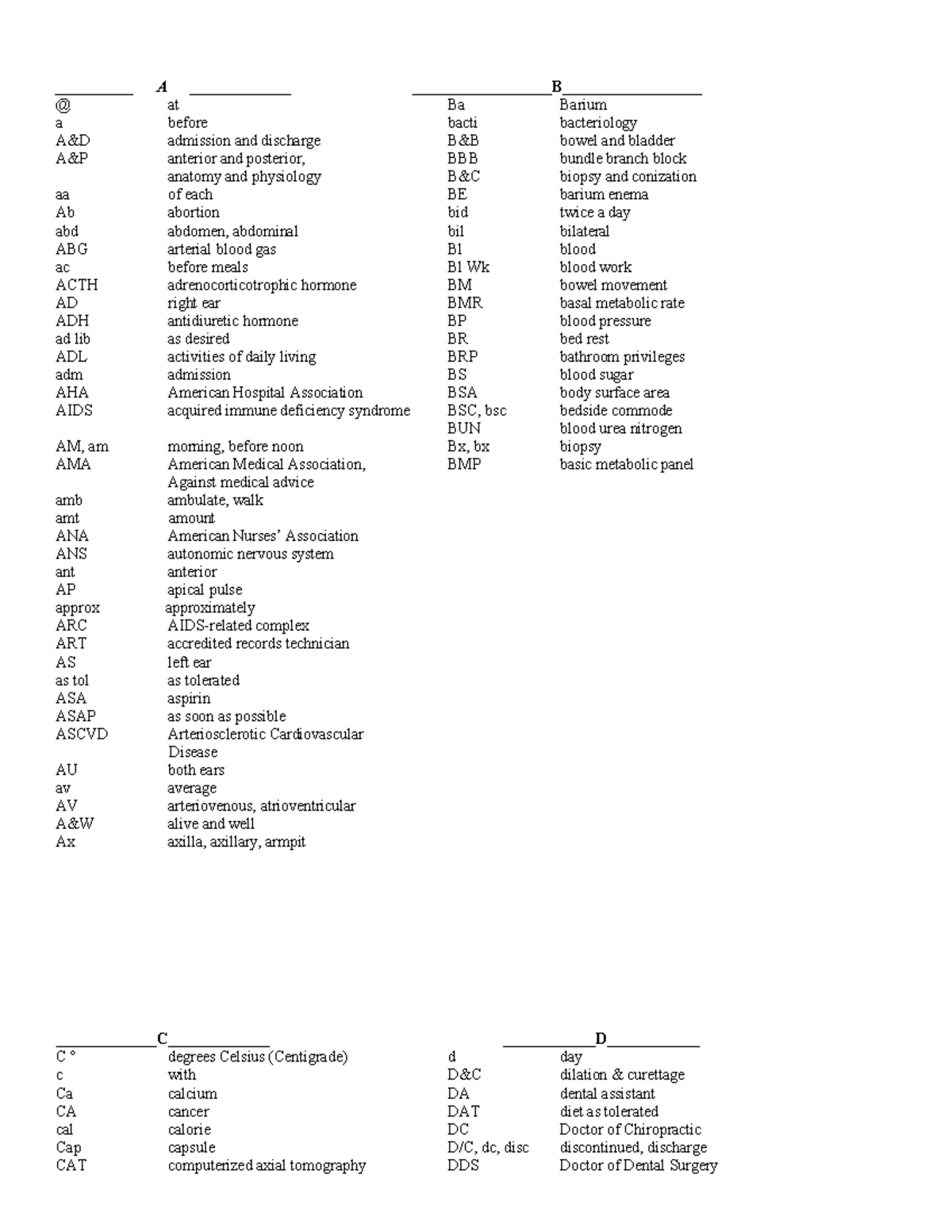 Medical Terminology Abbreviations and Definitions Guide - __________ A _____________ B @ at Ba ...