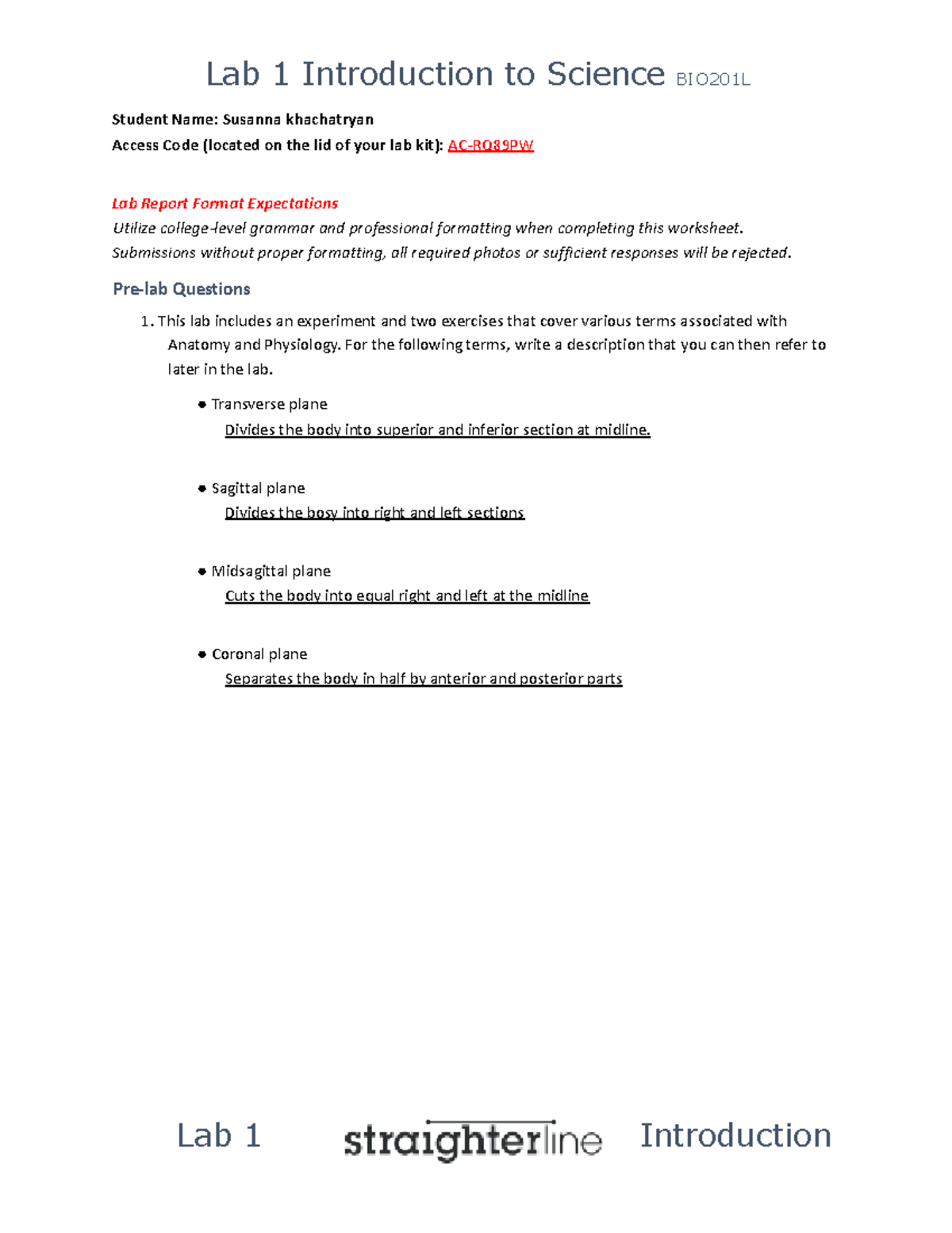 Anatomy Lab 1 - Introduction to Science BIO201L Report - Studocu