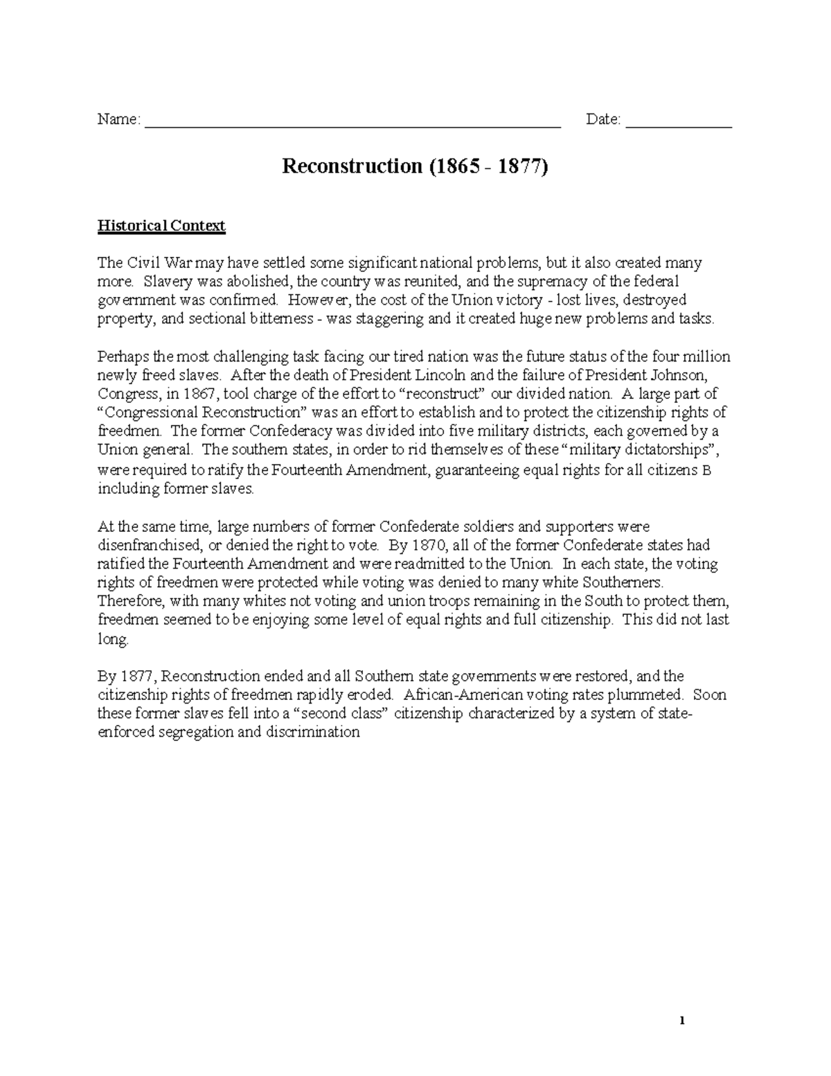 Reconstruction Era DBQ Analysis (1865-1877) - Studocu