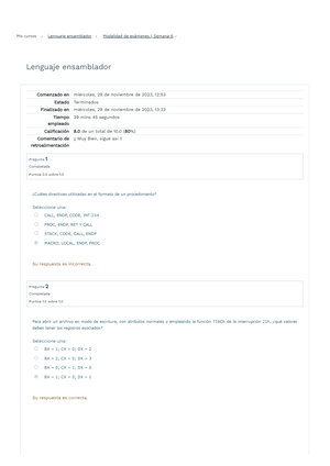 Exámen Semana 4 lenguaje ensamblador - Lenguaje ensamblador Comenzado en lunes, 13 de noviembre ...