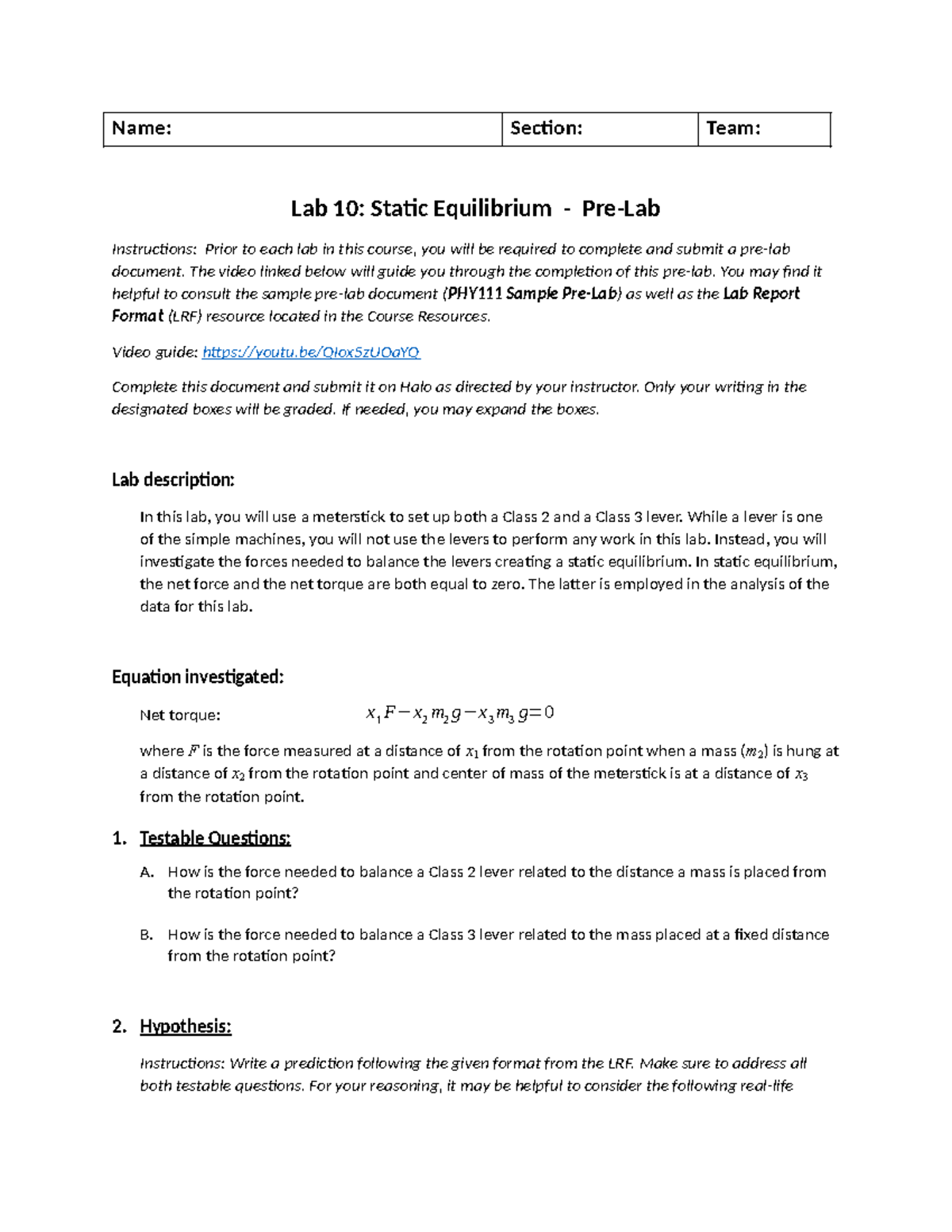 PHY111 Lab 10 - Pre-Lab on Static Equilibrium and Levers - Studocu
