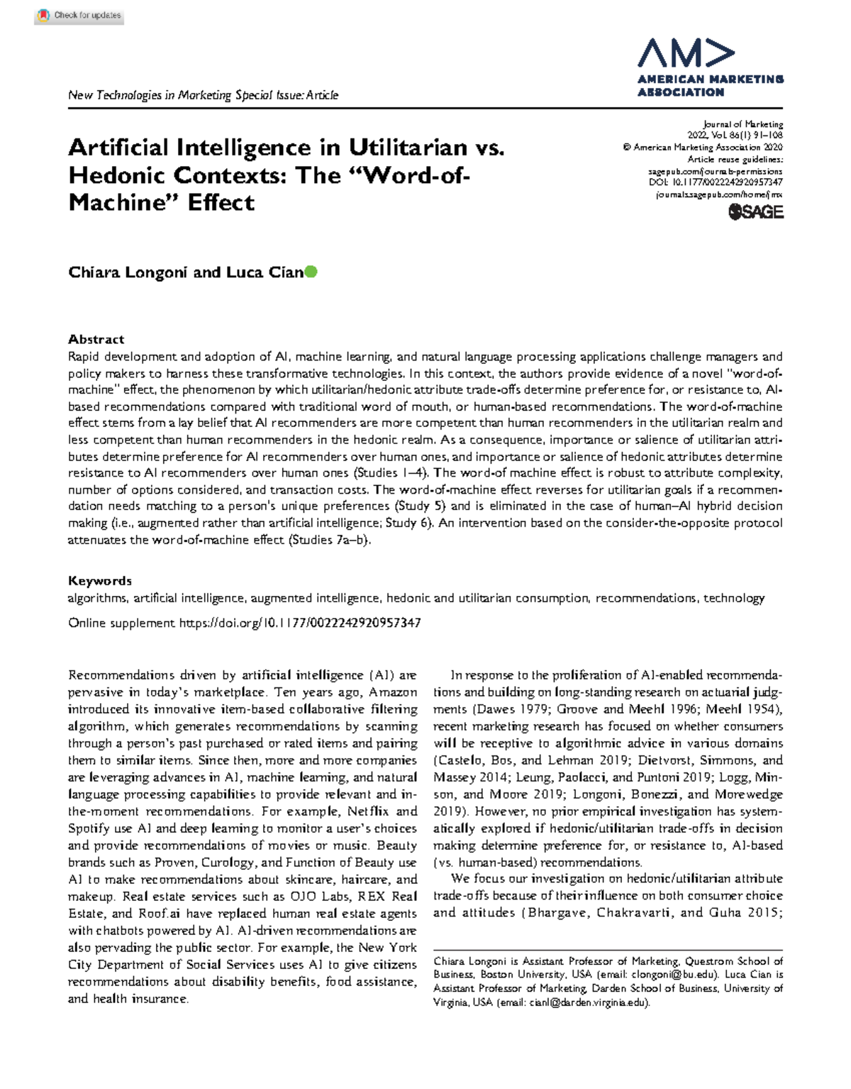 AI Recommendations: The "Word-of-Machine" Effect in Utilitarian vs ...