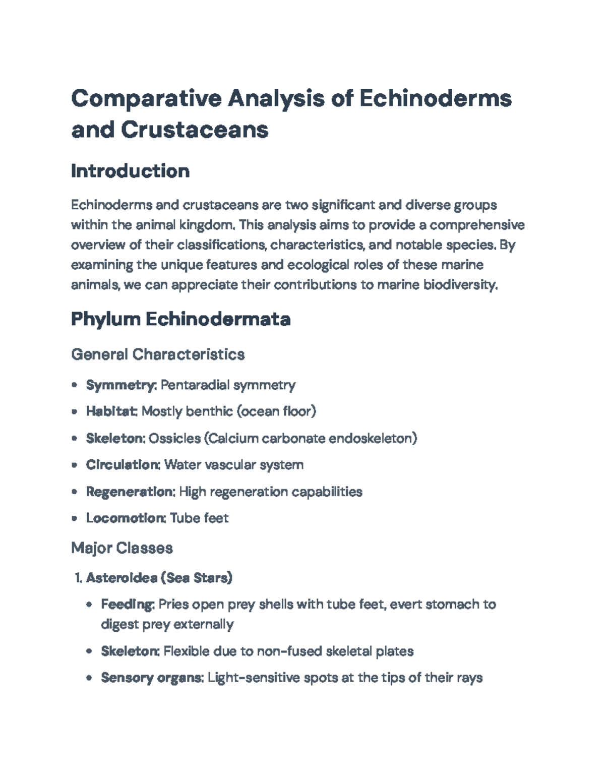 Comparative Analysis of Echinoderms and Crustaceans for Biology 101 ...