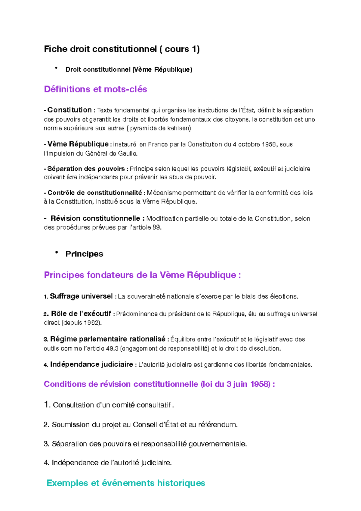 F1 constit - fiche introduction - Fiche droit constitutionnel ( cours 1 ...