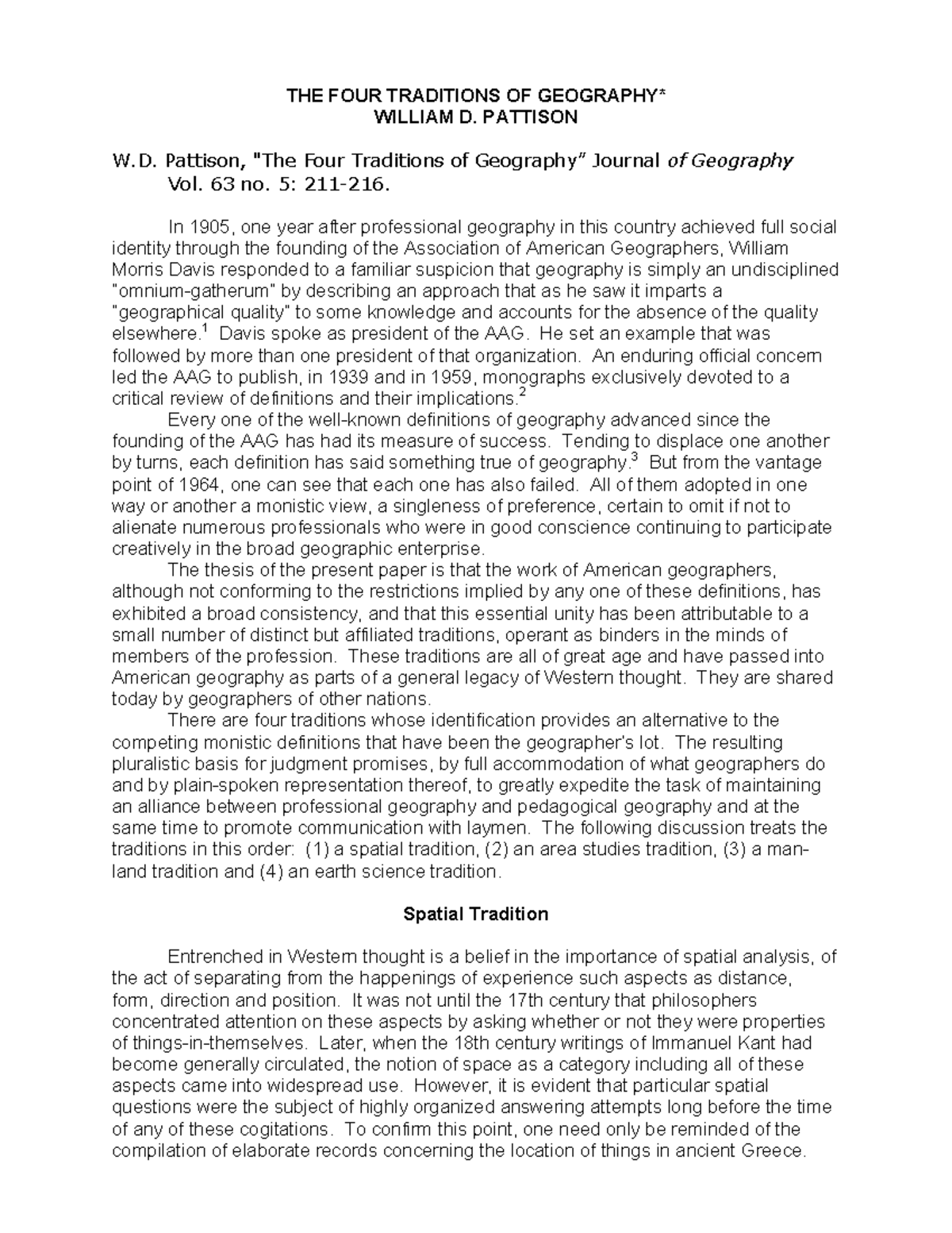 The Four Traditions of Geography: Insights from W.D. Pattison - Studocu