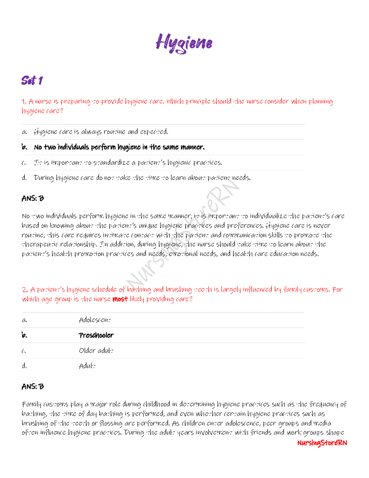 Hygiene (9) - Test Practice Questions and Key Concepts Explained - Studocu