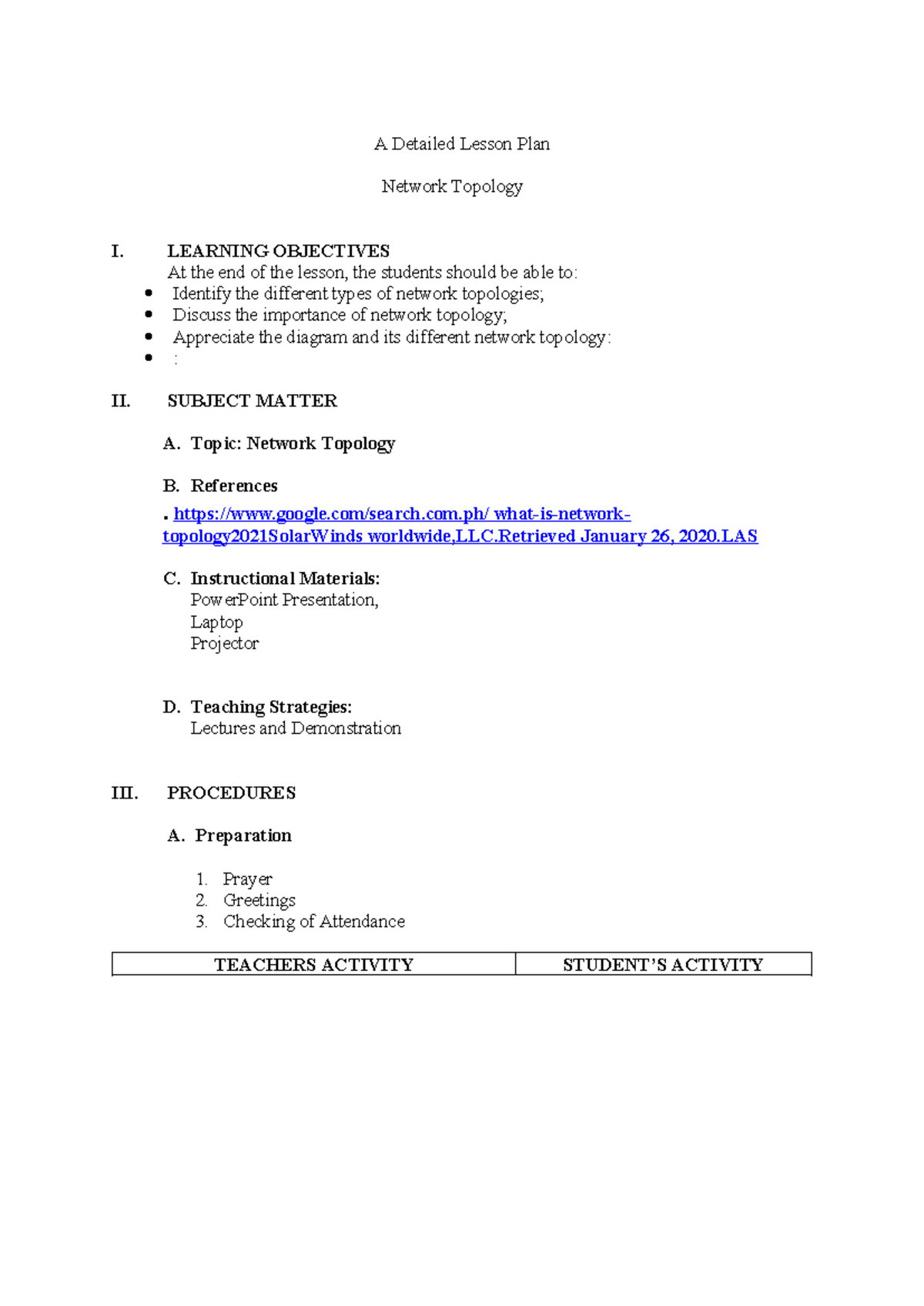 Lesson Plan: Network Topology (Course Code: NET101) - Studocu