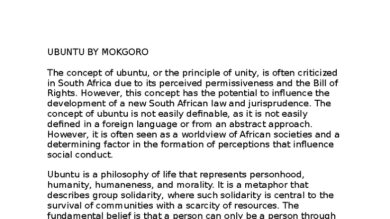 Ubuntu and South African Law: Insights from Mokgoro's Readings - Studocu