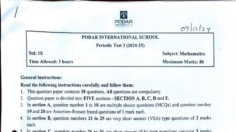Periodic Test 3 - Std IX Mathematics (PODAR) - Studocu