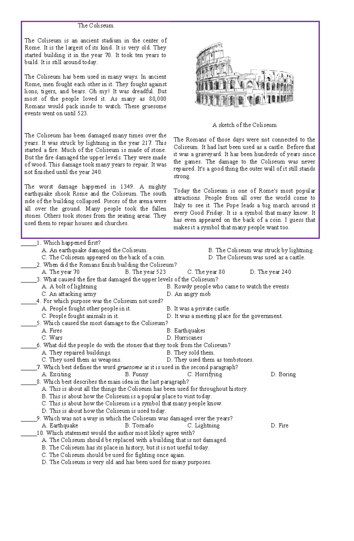 The Coliseum - READING COMPREHENSION Notes - Studocu