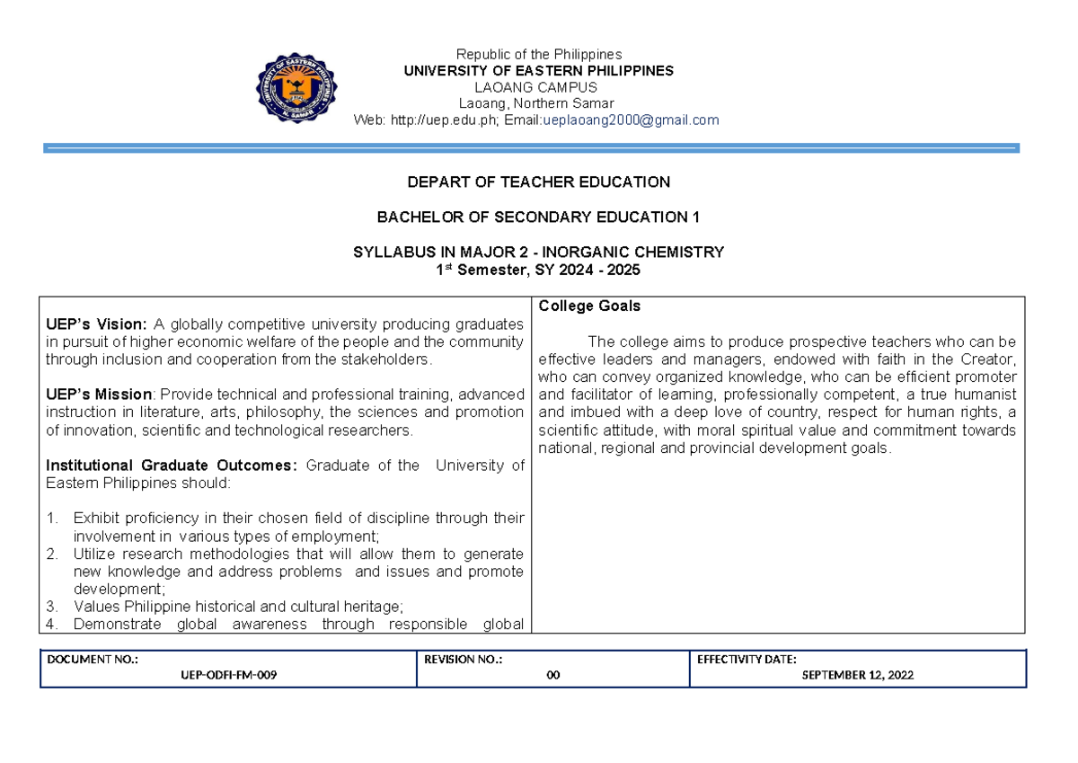 Syllabus for Major 2 - Inorganic Chemistry (BSED 1st Sem SY 2024-25 ...