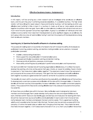 Unit 9 Assignment 2 - BTEC Business coursework - Effective Business Teams P3: Discuss the roles ...