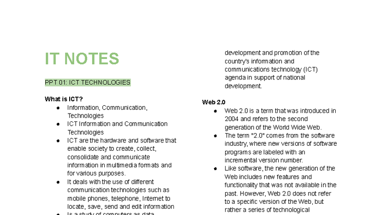 IT NOTES PPT 01: Overview of ICT Technologies and Their Impact - Studocu