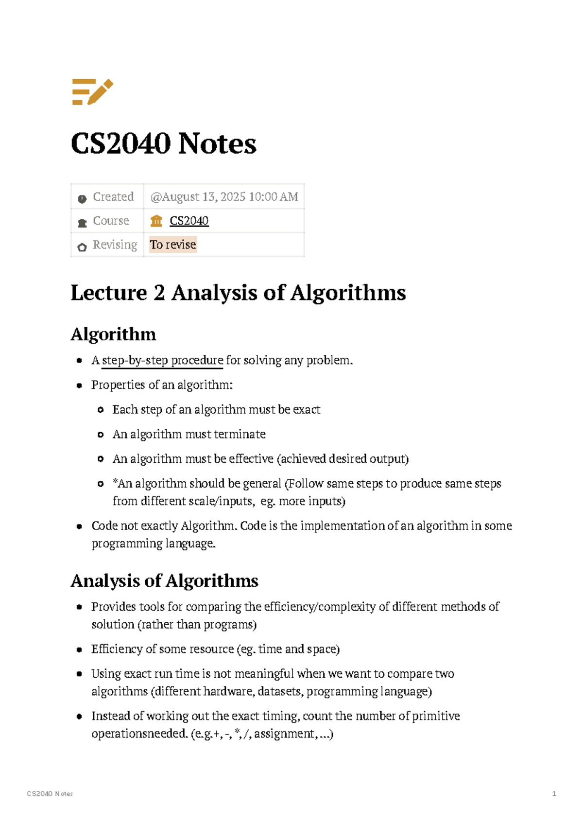 CS2040 Lecture Notes: Analysis of Algorithms and Sorting Techniques ...