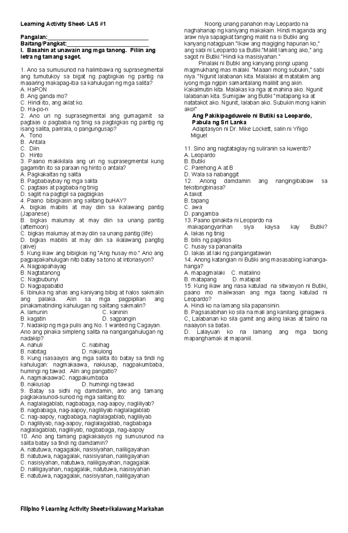 Learning Activity Sheet 2ND Quarter - Learning Activity Sheet- LAS ...