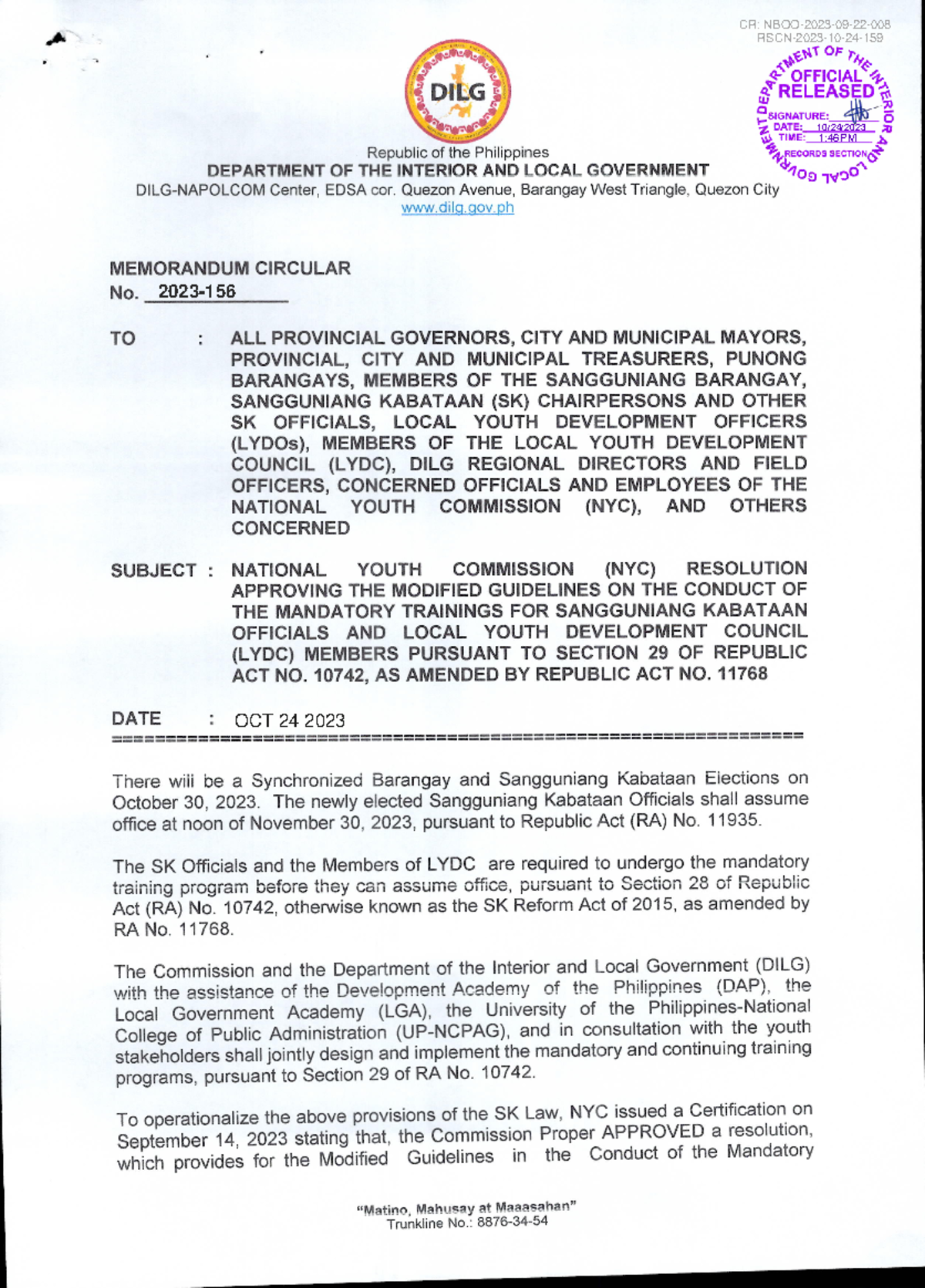 MC2023-156 Revised Mandatory Trainings for SK Officials Guidelines ...