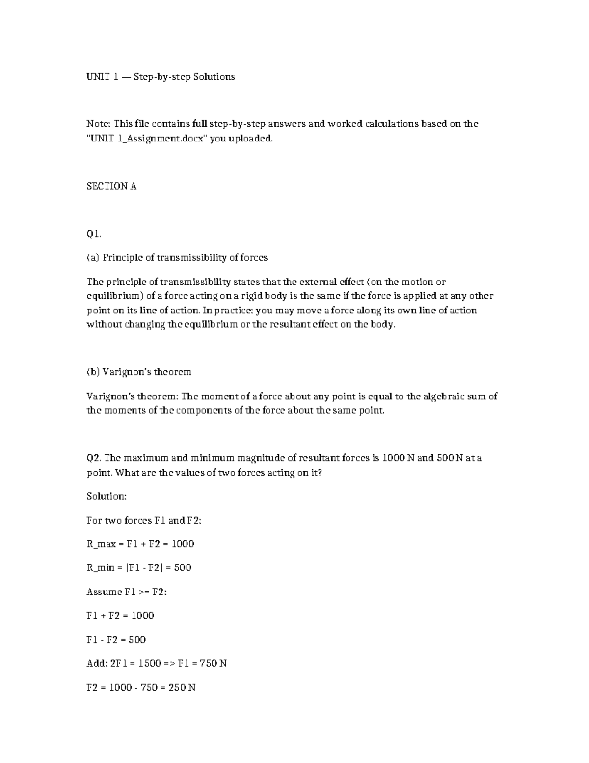 UNIT 1 Solutions - Assignment on Force Principles and Calculations - Studocu