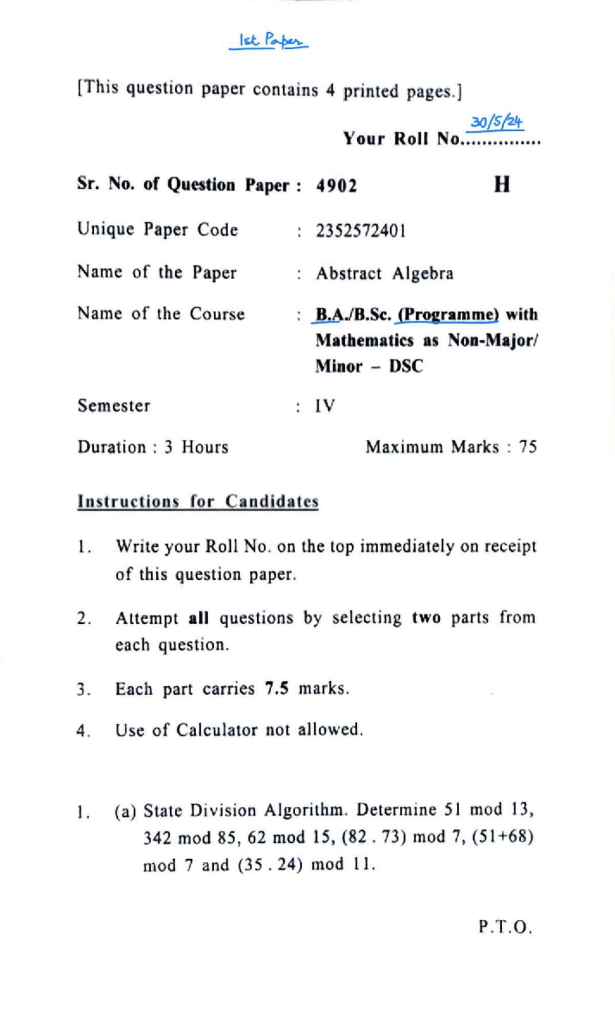 PYQ 2024: B.A/B.Sc. Abstract Algebra Question Paper (DSC Sem IV) - Studocu