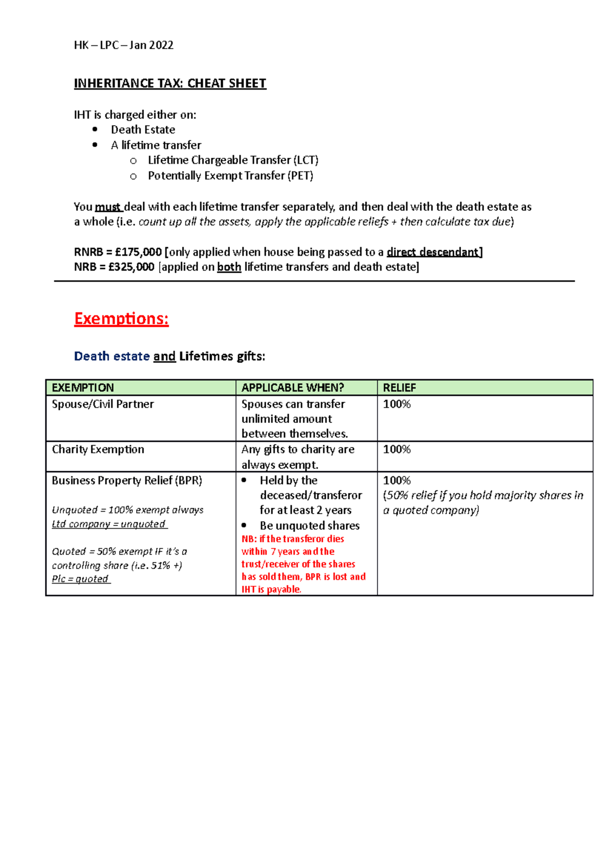 Inheritance Tax (IHT): Key Concepts and Calculations Cheat Sheet - Studocu