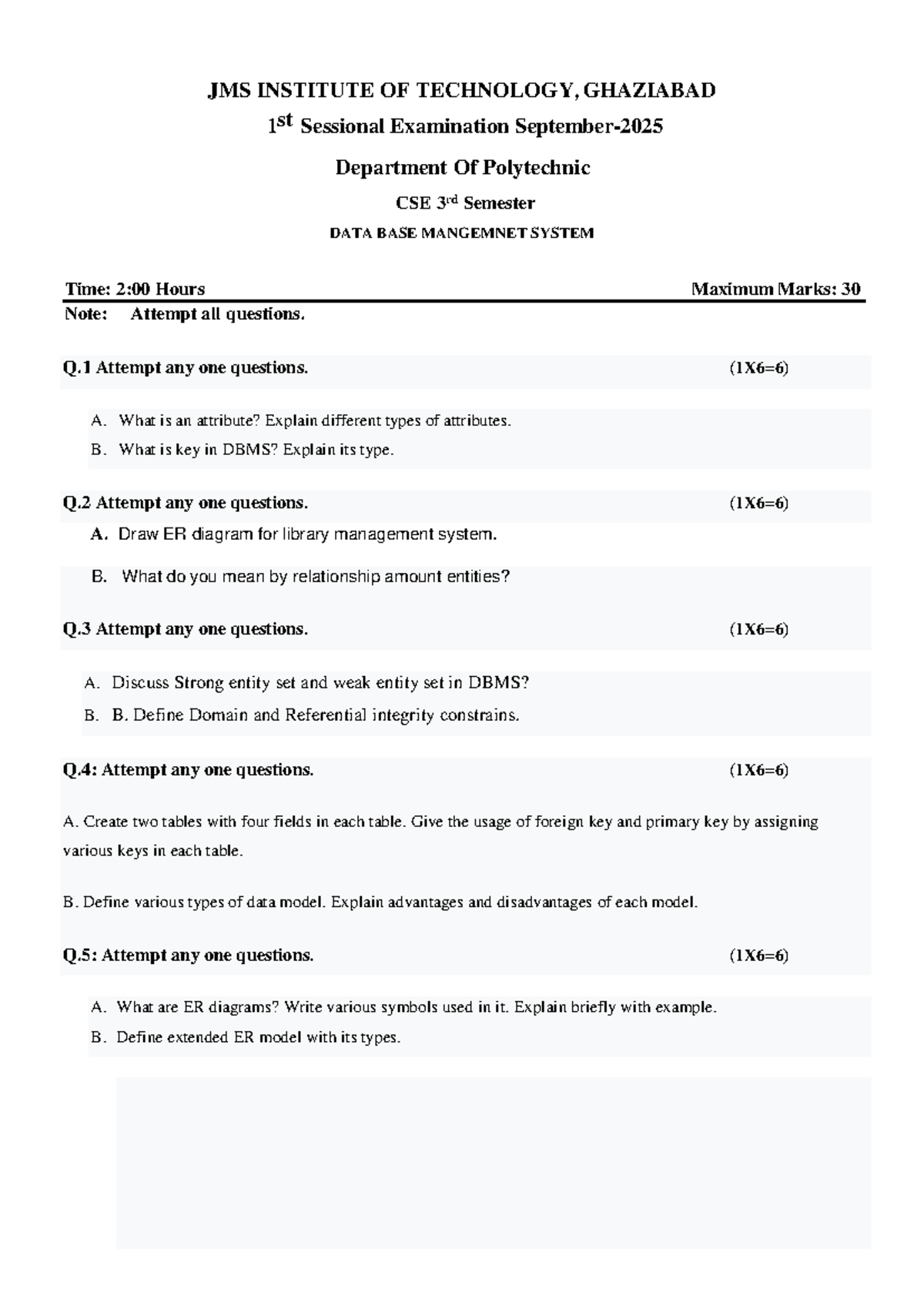 DBMS 3rd Sem Sessional Exam Paper - JMS Institute of Technology - Studocu