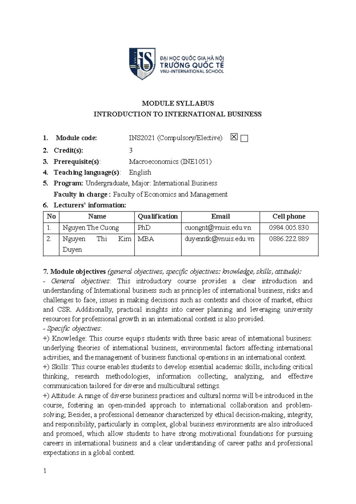 INS2021: Module Syllabus for Introduction to International Business ...