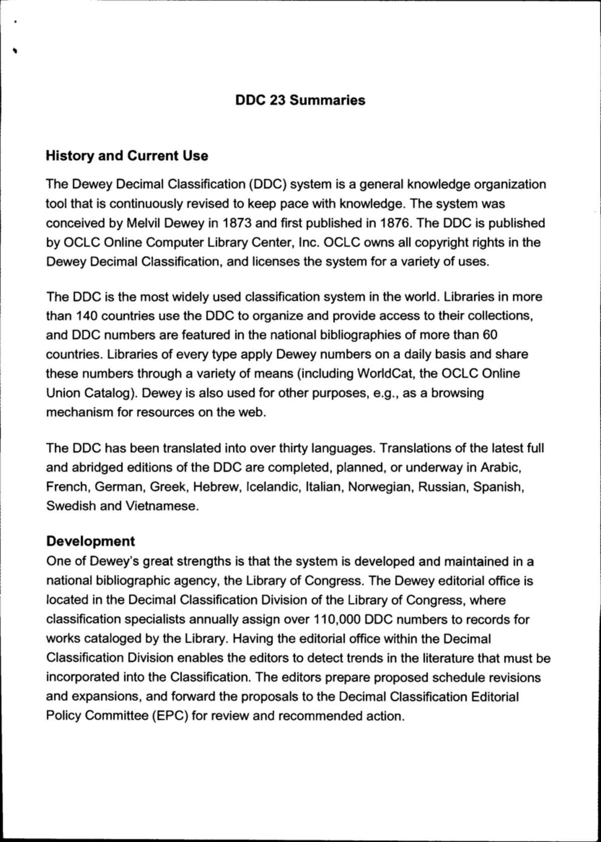 DDC23 - Dewey Decimal Classification System Overview and Summaries ...