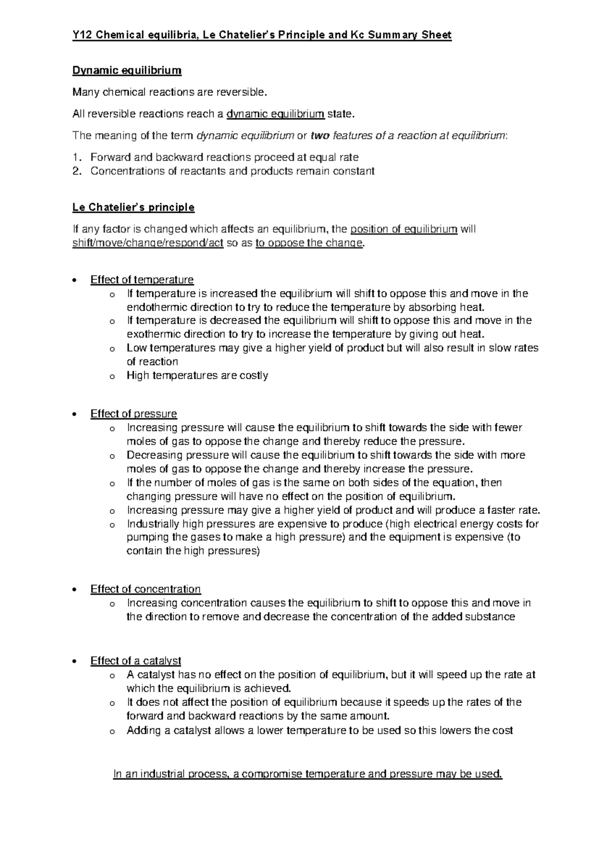 Y12 Chemical Equilibria: Dynamic Equilibrium & Le Chatelier's Principle ...