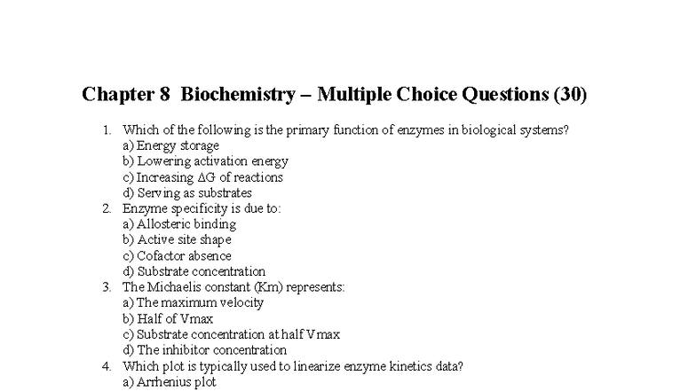 Chapter 8 Biochemistry MCQs: Enzyme Functions & Kinetics - Studocu