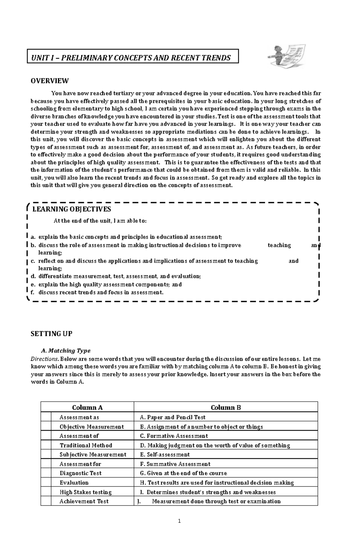 Assessment in Learning 1 (Unit I): Concepts & Trends Overview - Studocu