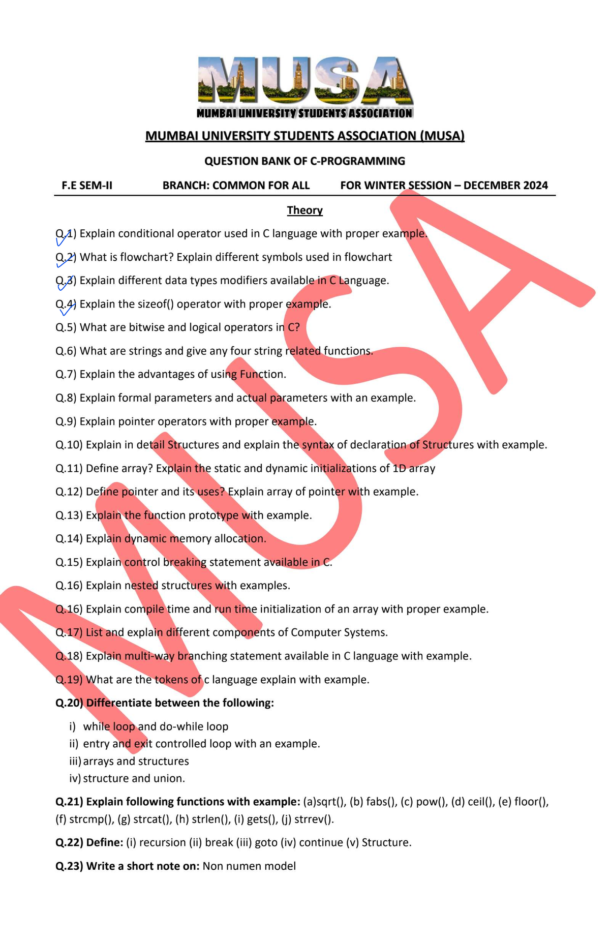 C-Programming QB: MUSA F.E. Branch Winter 2024 Question Bank - Studocu