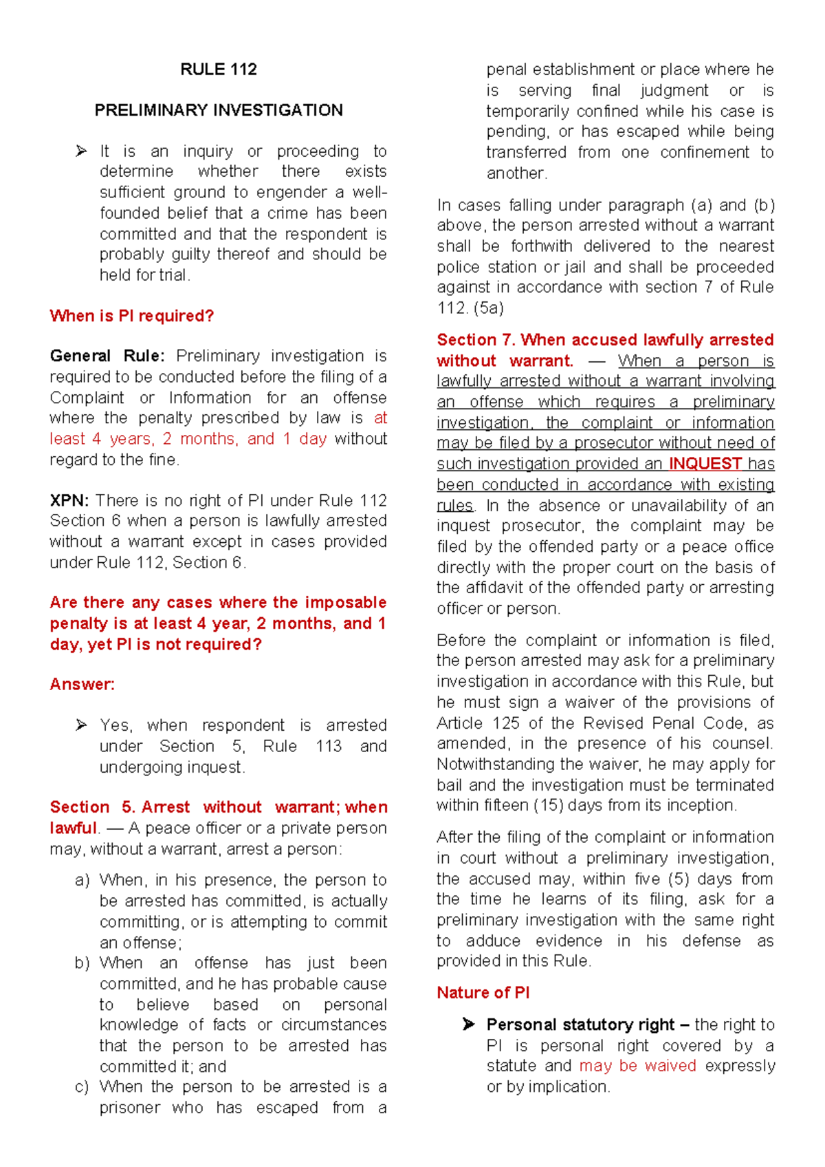 RULE 112 - Preliminary Investigation Lecture Notes - Studocu