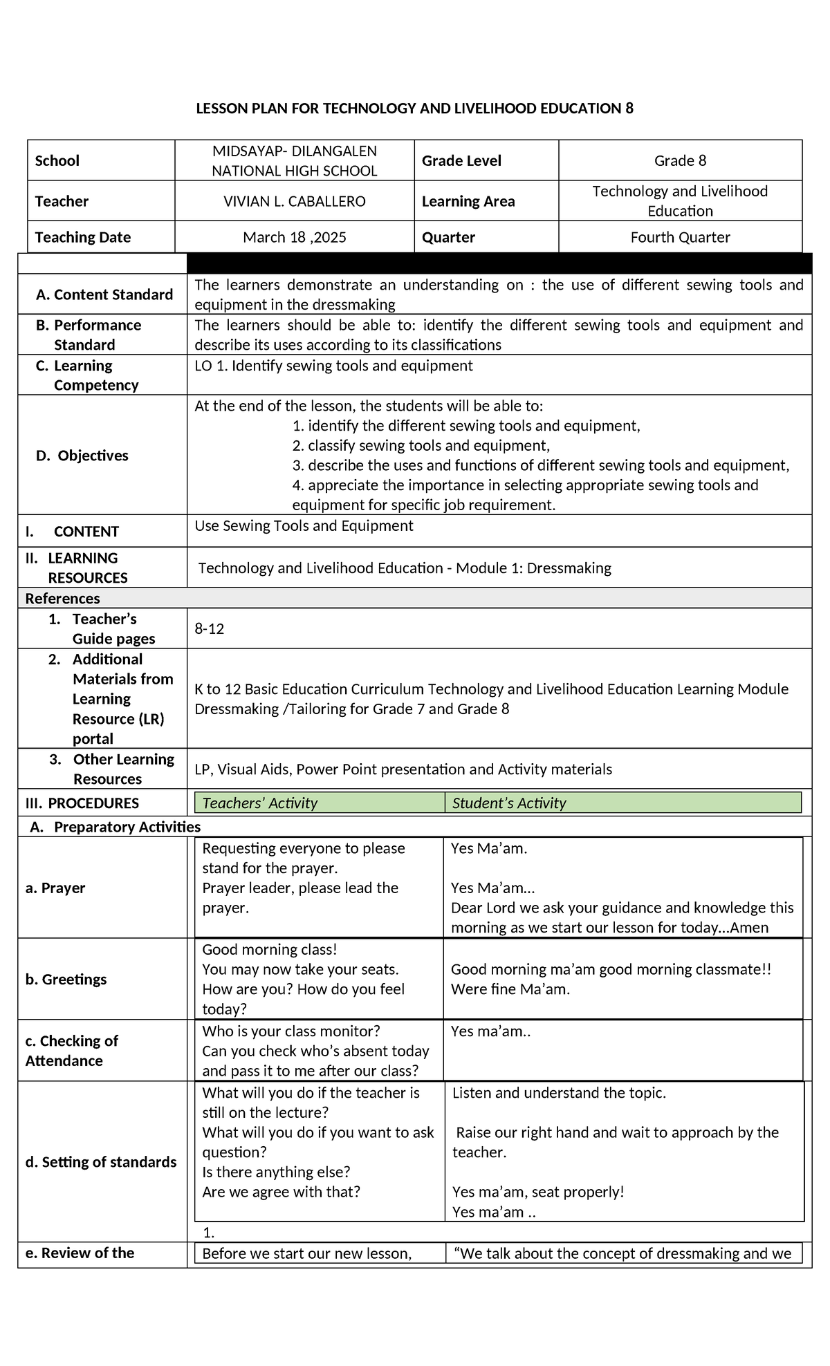TLE 8 Lesson Plan: Understanding Sewing Tools & Equipment in ...