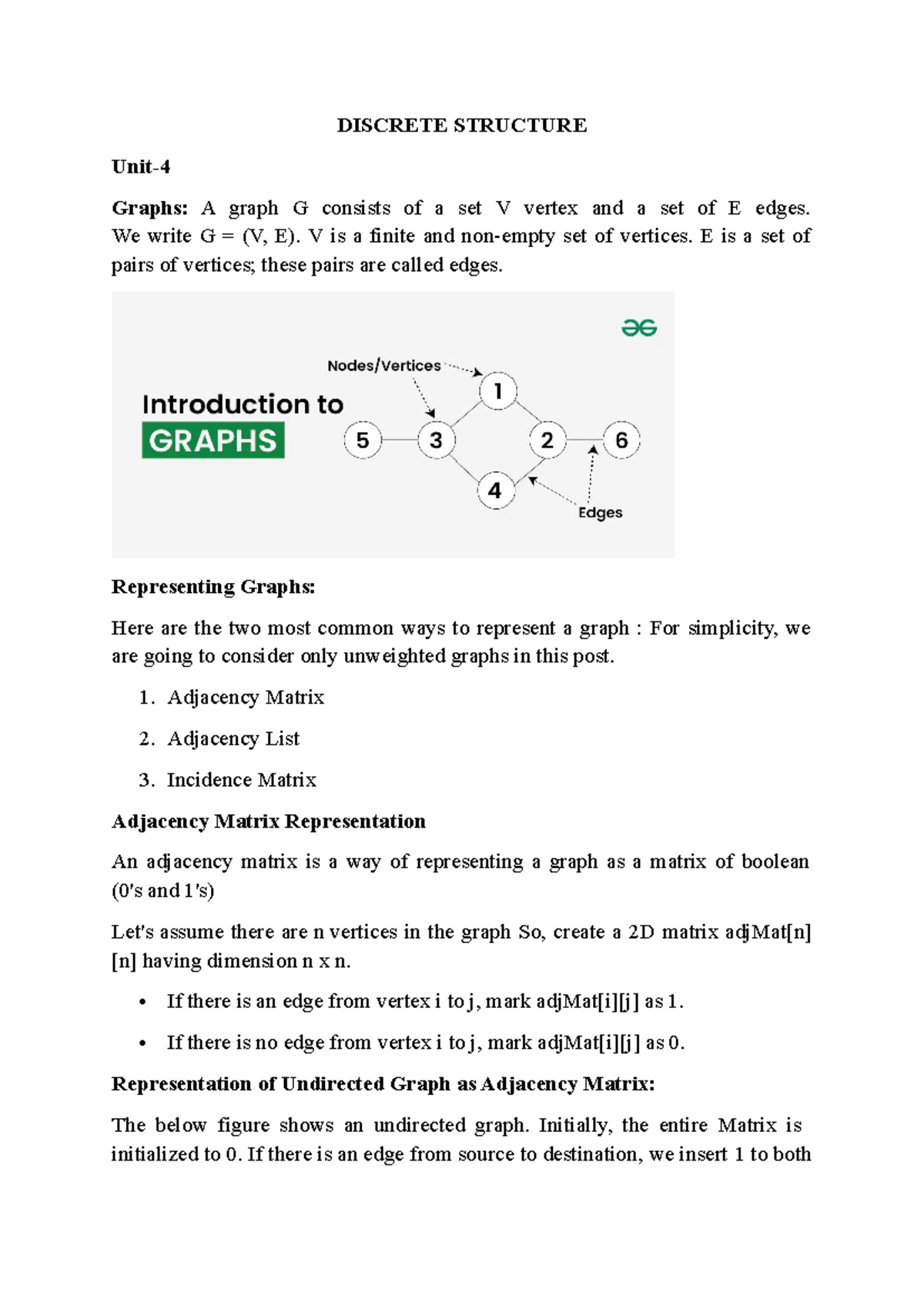 DS (Unit-4) - Lecture Notes on Graph Representations and Properties ...