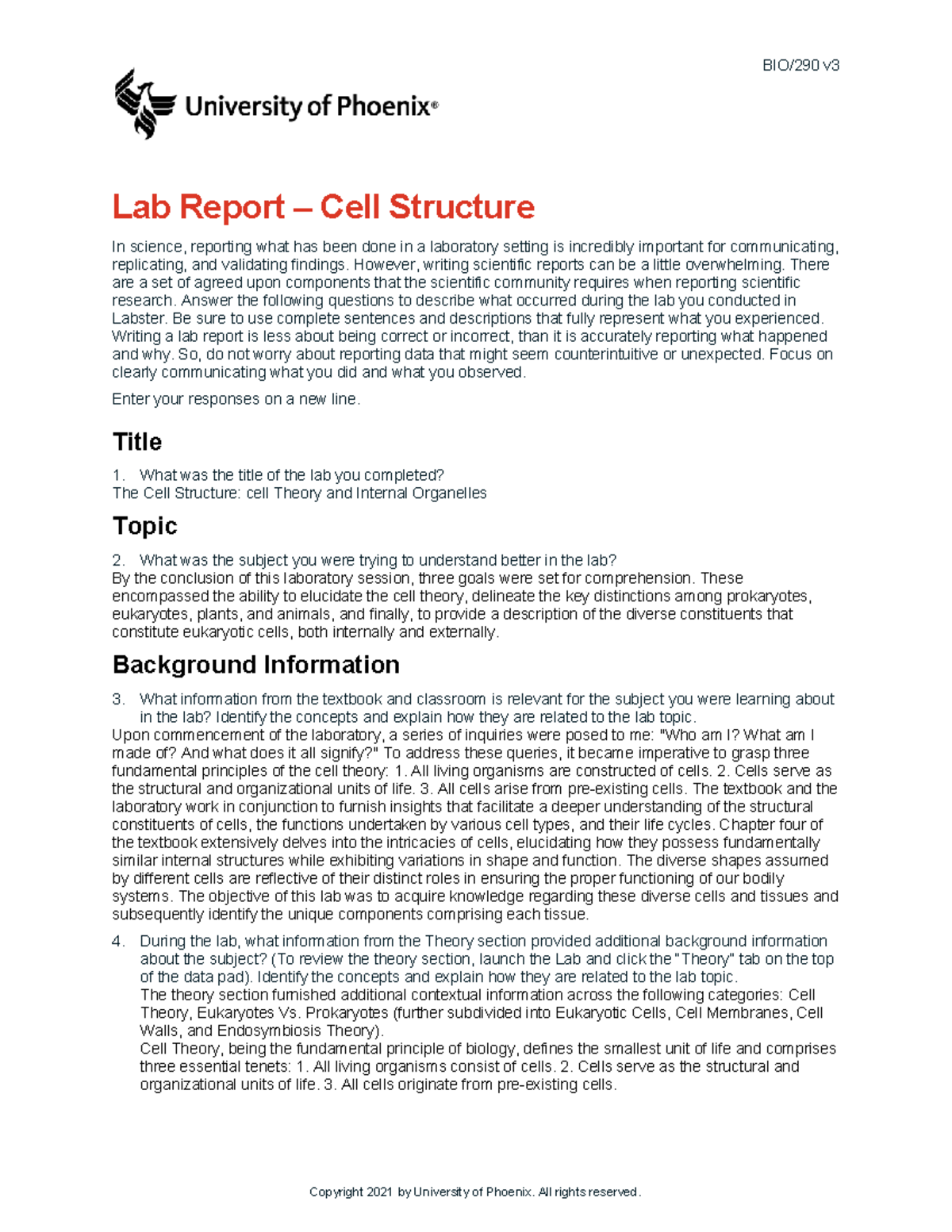 BIO/290 Lab Report: Understanding Cell Structure and Organelles - Studocu