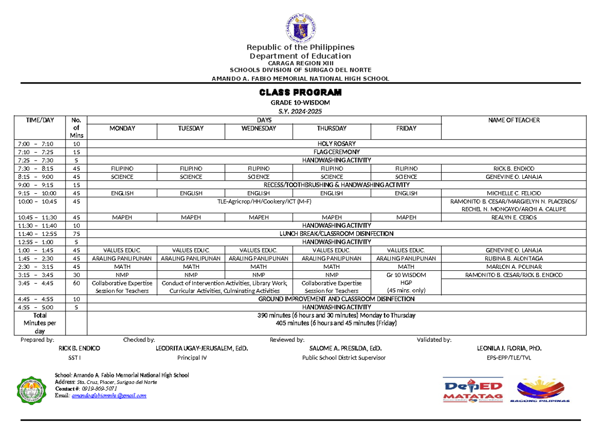 Class Program for Grade 10-Wisdom (S.Y. 2024-2025) - Studocu