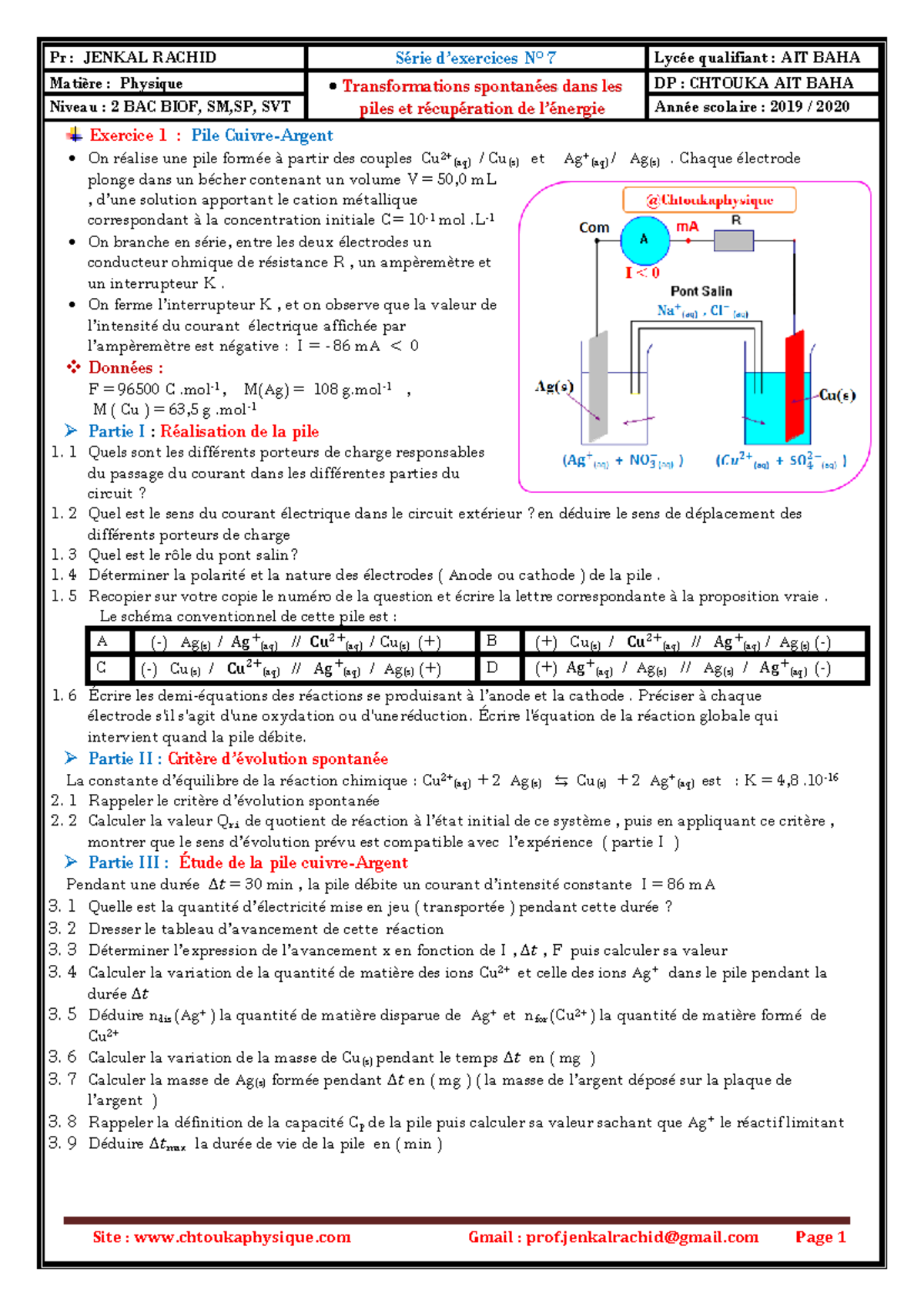 Série d'exercices 6 : Transformations spontanées dans les piles - 2BAC ...
