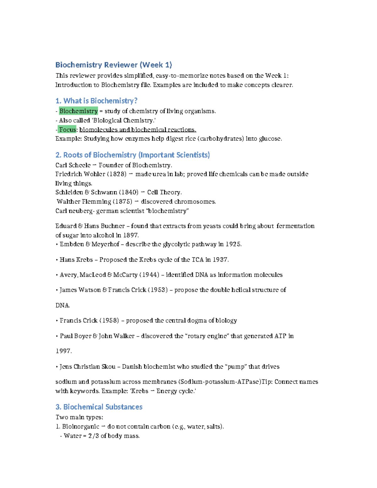 Biochemistry Reviewer (Week 1): Intro to Biomolecules & Reactions - Studocu