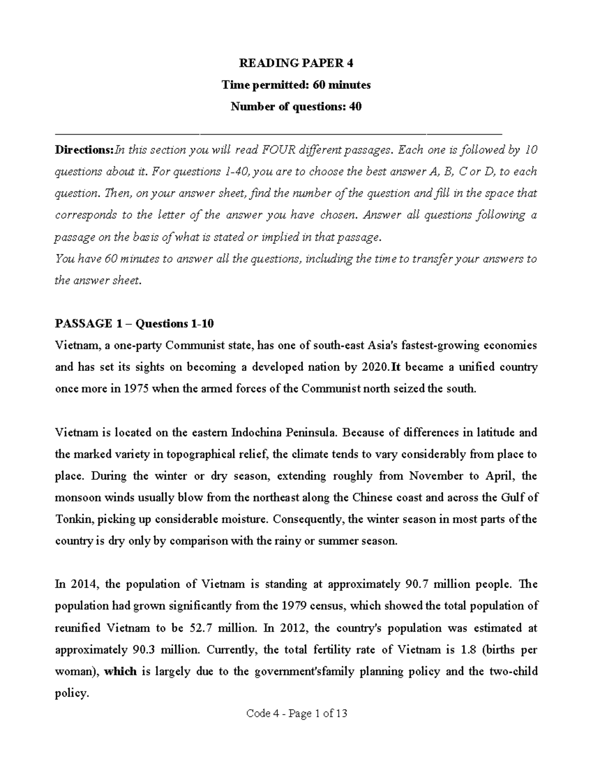 Vstep-Reading test 4- NO KEY - READING PAPER 4 Time permitted: 60 ...