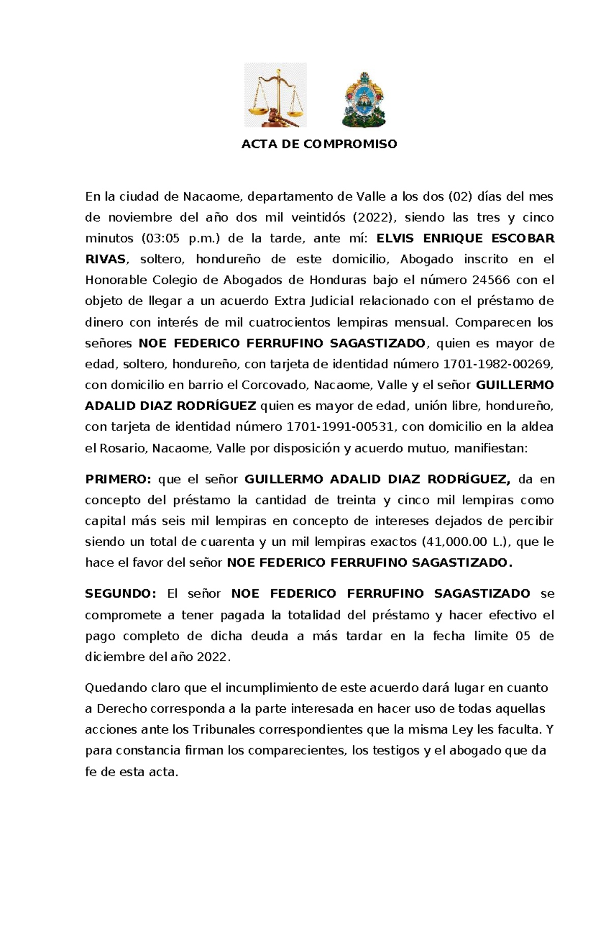 ACTA DE COMPROMISO - Préstamo de Dinero en Nacaome - Studocu