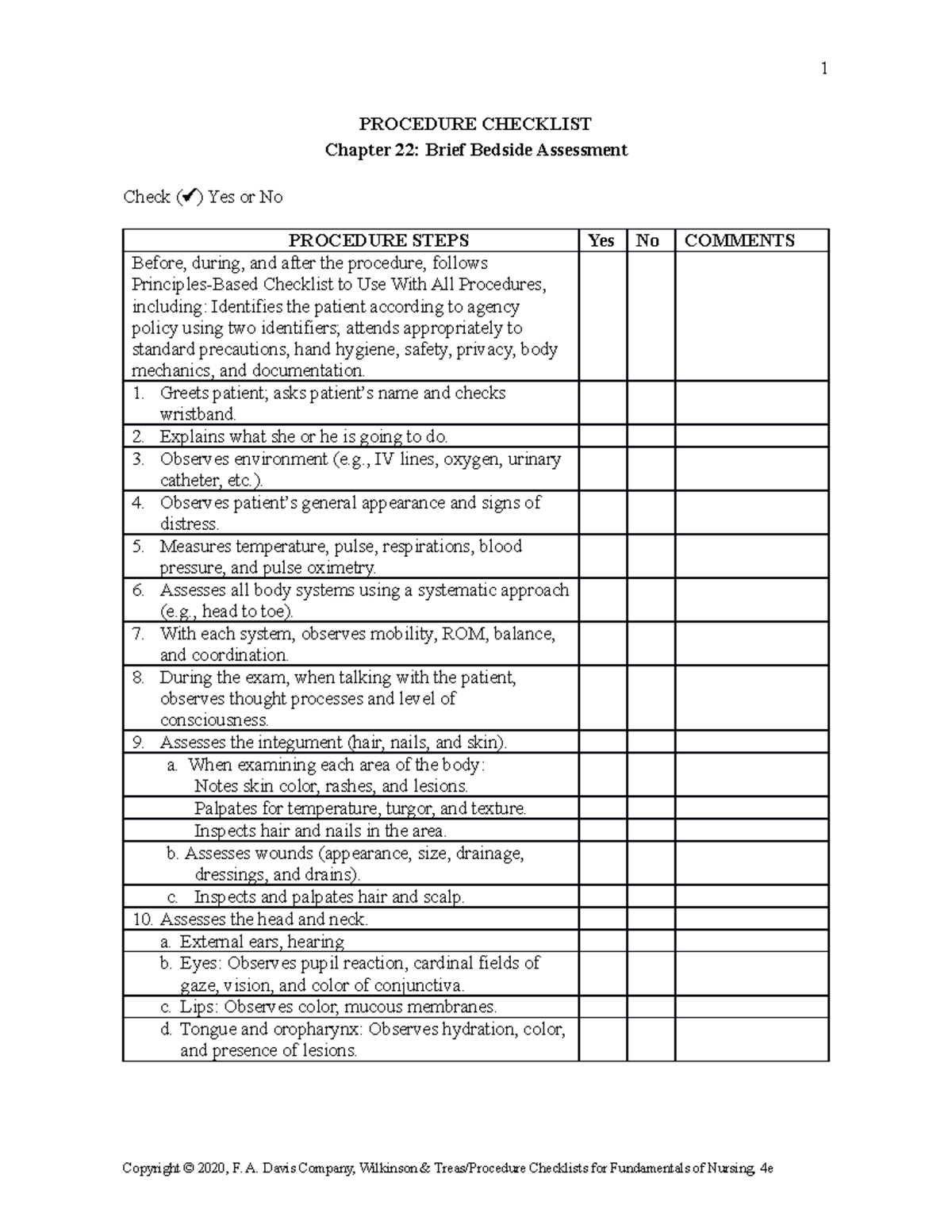 Bedside Assessment Skills Checklist for Nursing Procedures - Studocu
