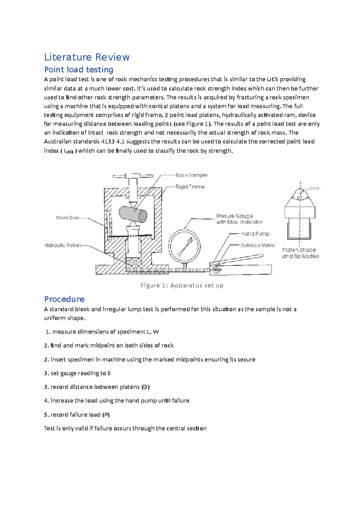Point Load Test Report (ENGR 101): Methodology & Results Analysis - Studocu
