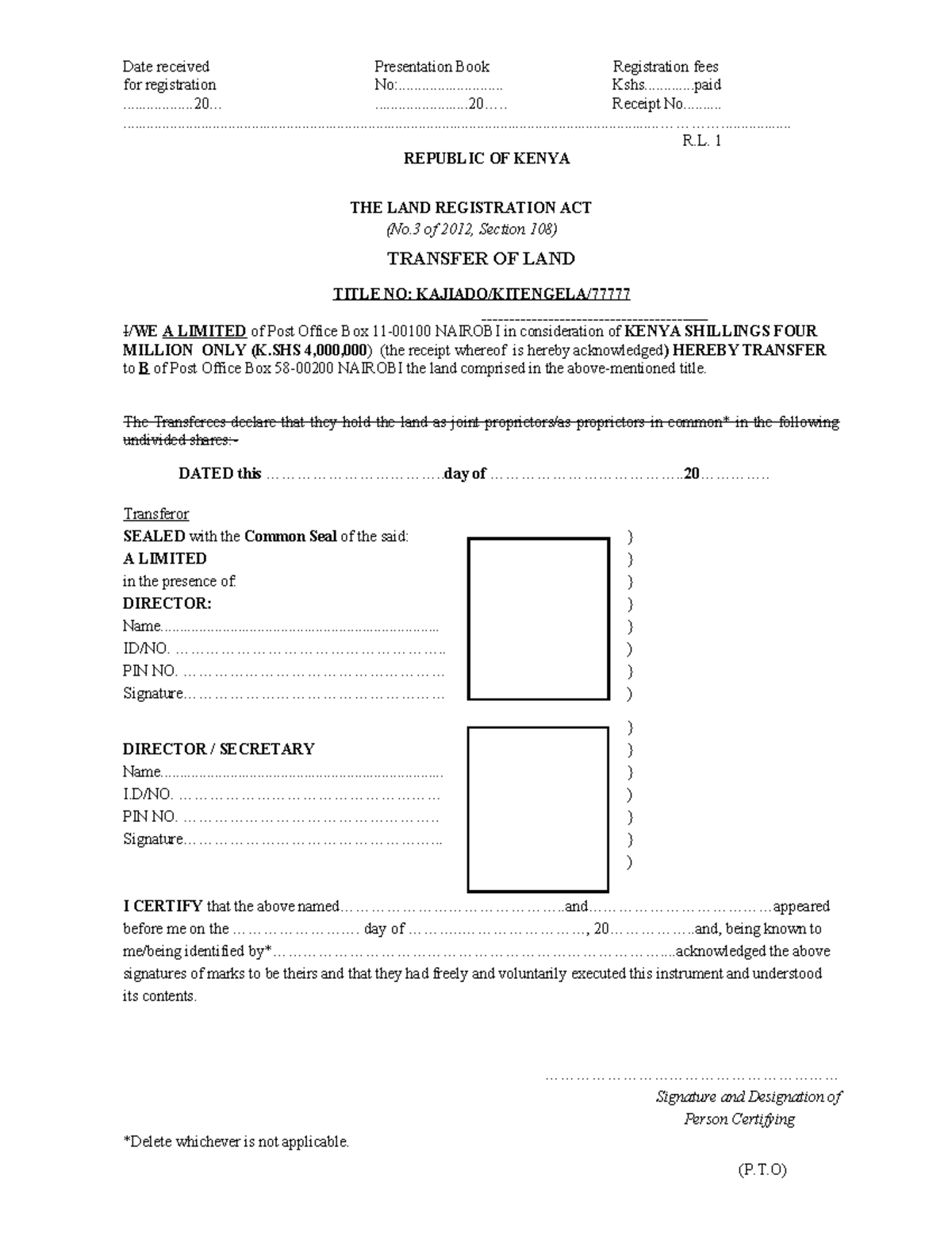 LRA(RLA) Transfer Document: Land Title Transfer Agreement Details - Studocu
