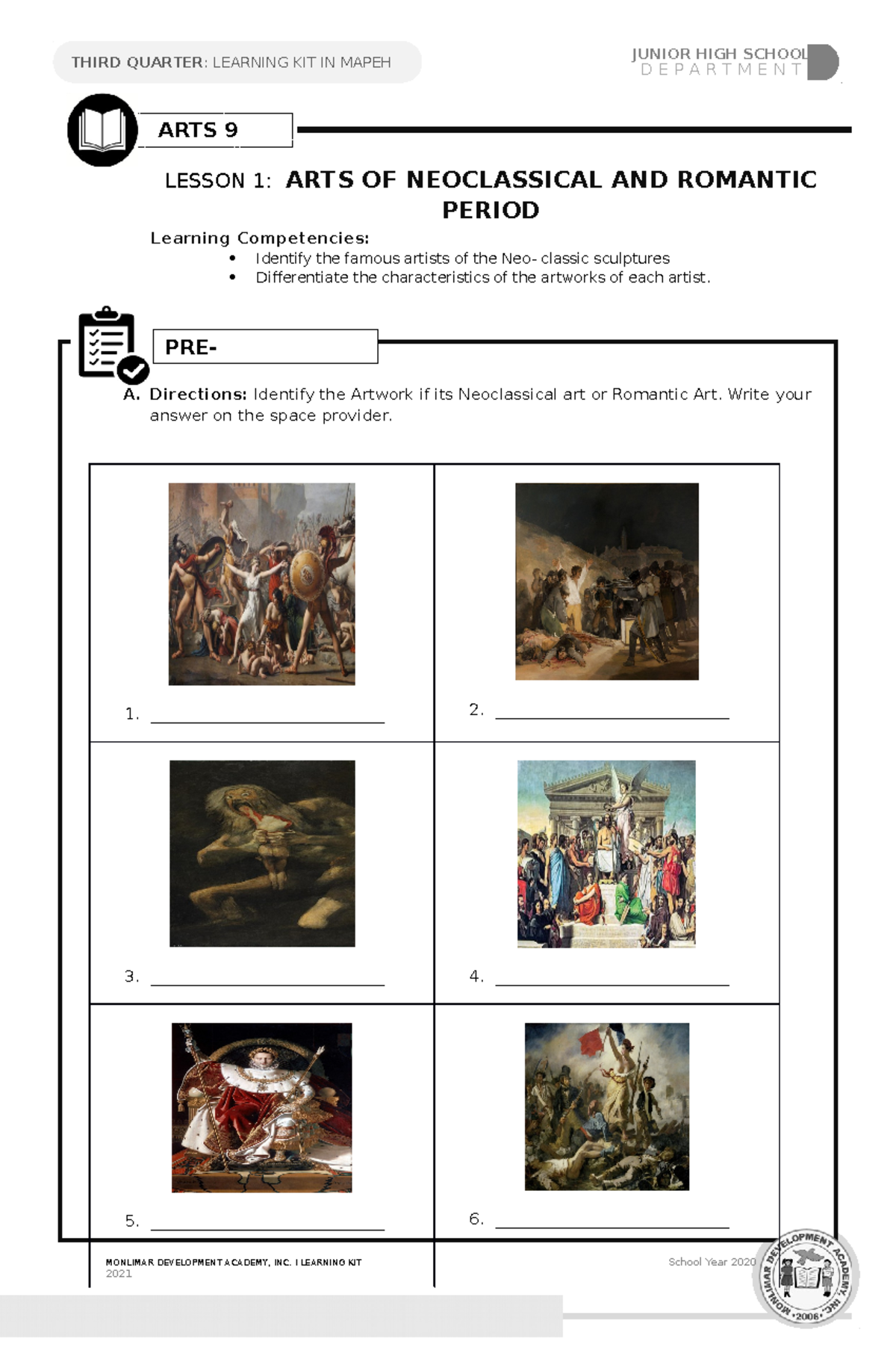 Arts 9 Lesson 1: Understanding Neoclassical and Romantic Art - Studocu